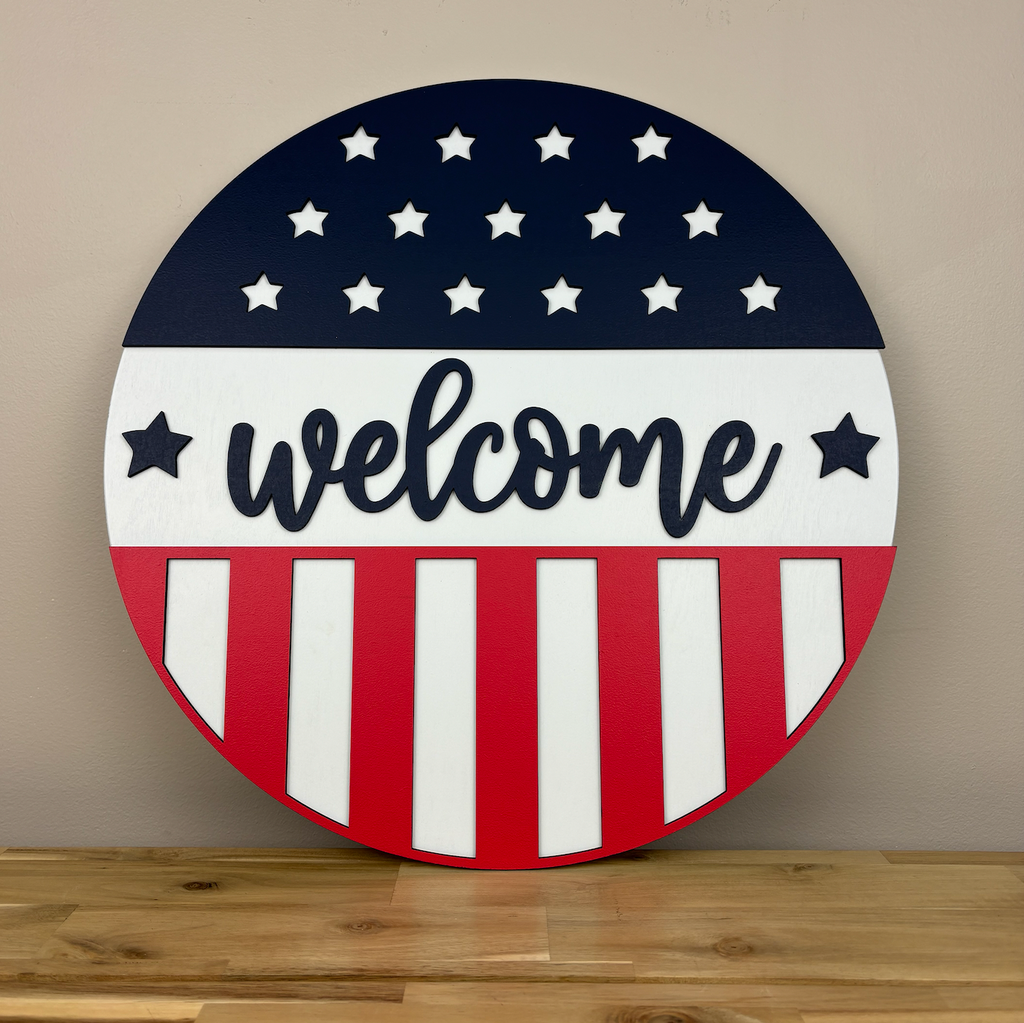 Patriotic Welcome Sign | 18 inch Wood Round Sign — The Handmade Sign Co.